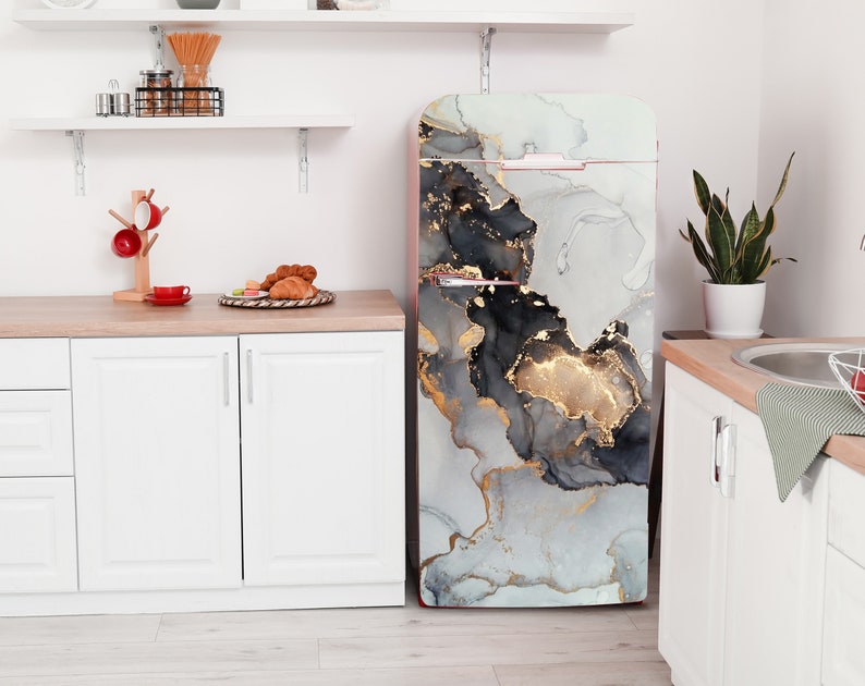Liquid Oil Black & Gold Marble Refrigerator Skin Marble Fridge Sticker ...