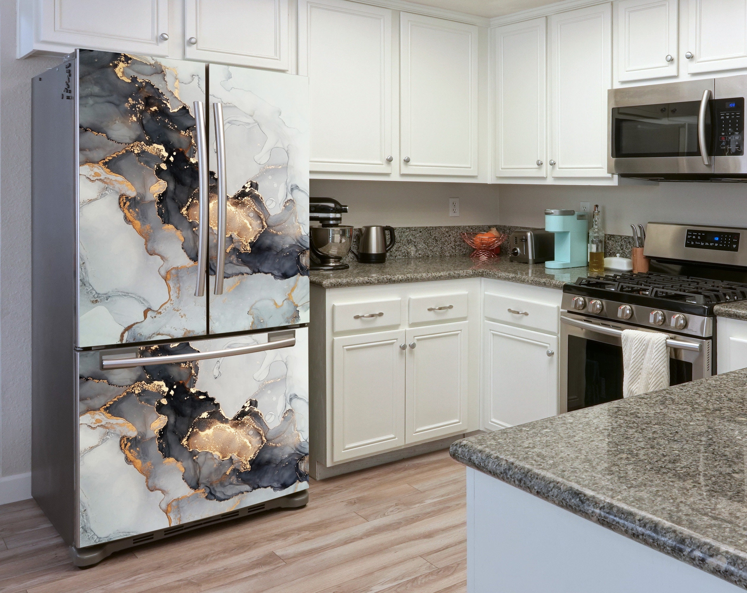 Liquid Oil Black & Gold Marble Refrigerator Skin Marble Fridge - Etsy