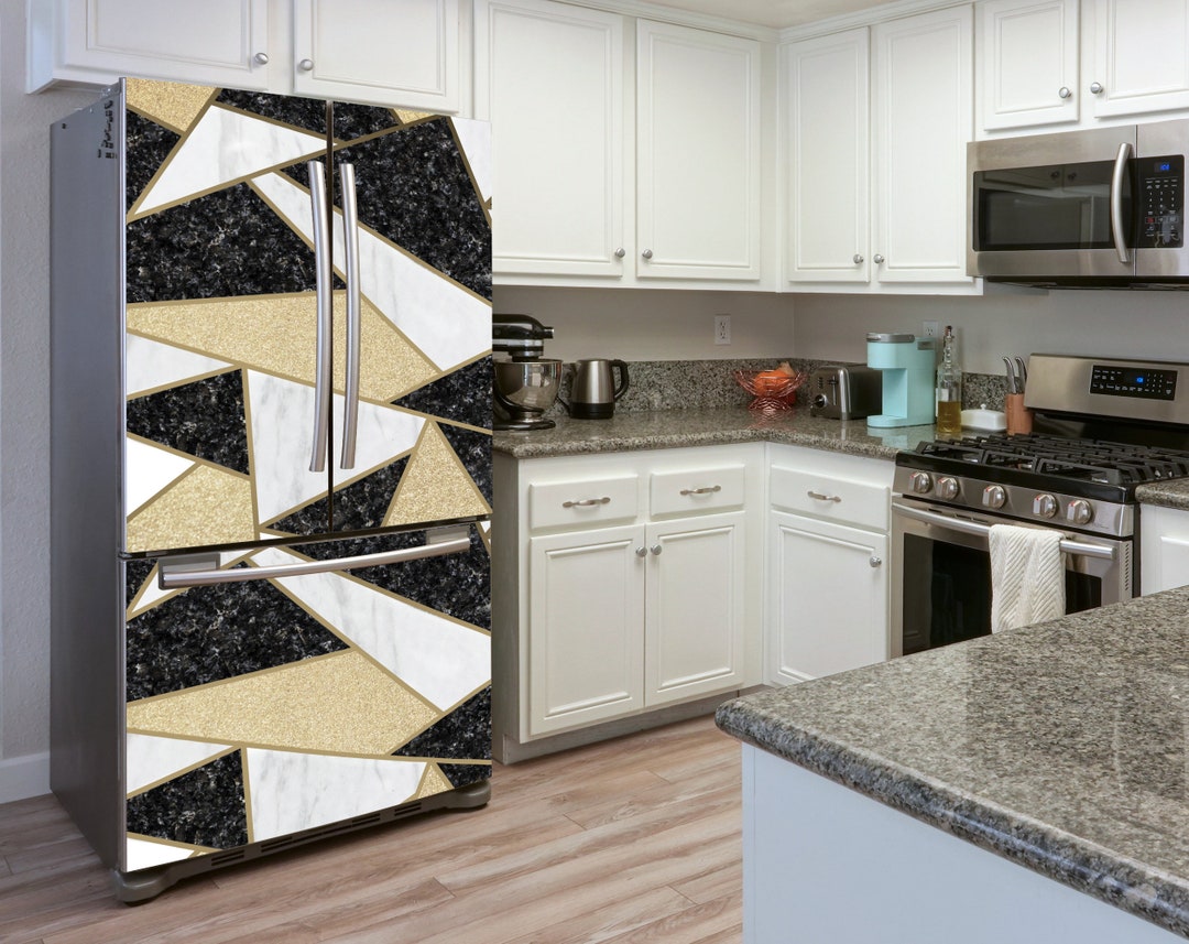 Geometryc Black & Gold Marble Refrigerator Skin Marble Fridge - Etsy