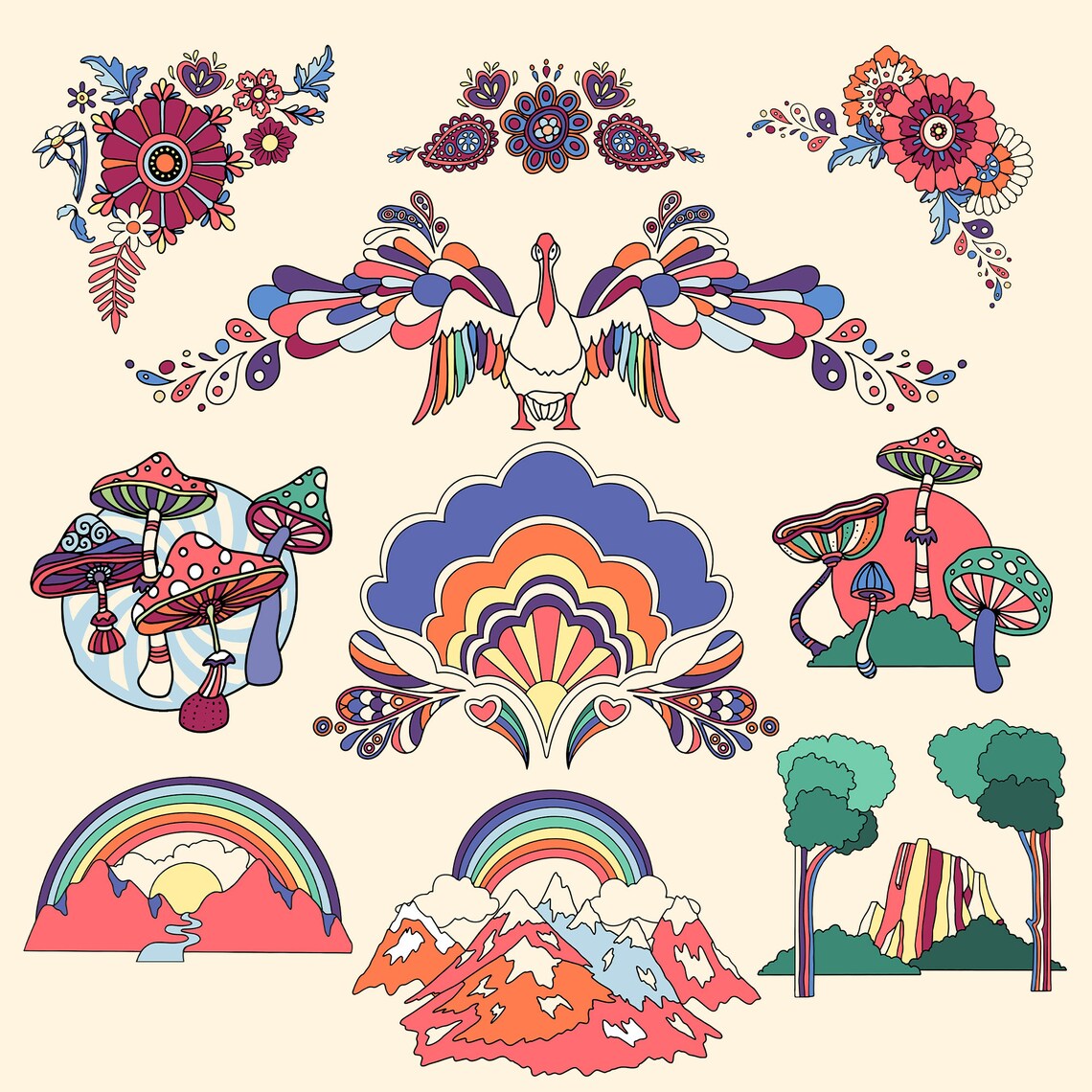 RETRO GROOVY ELEMENTS • Digital Clipart Set • Retro Elements • Hippie ...