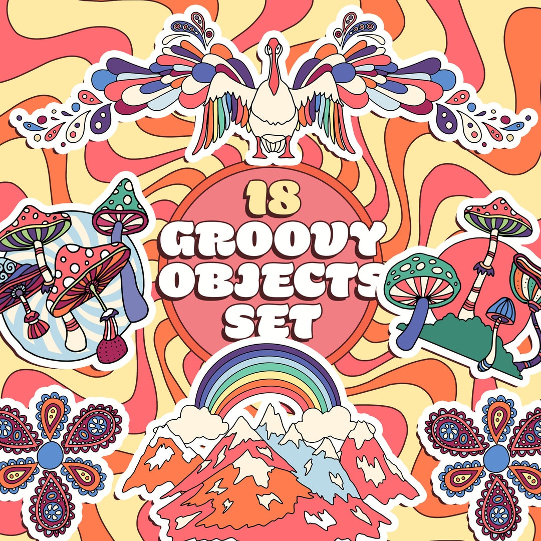 RETRO GROOVY ELEMENTS • Digital Clipart Set • Retro Elements • Hippie ...