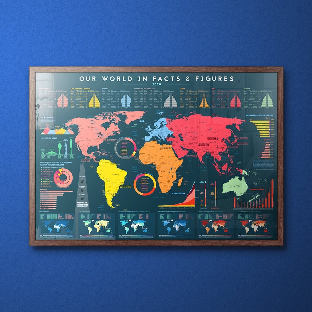 Large Wood Framed Map of the World With Beautiful Data Infographic ...