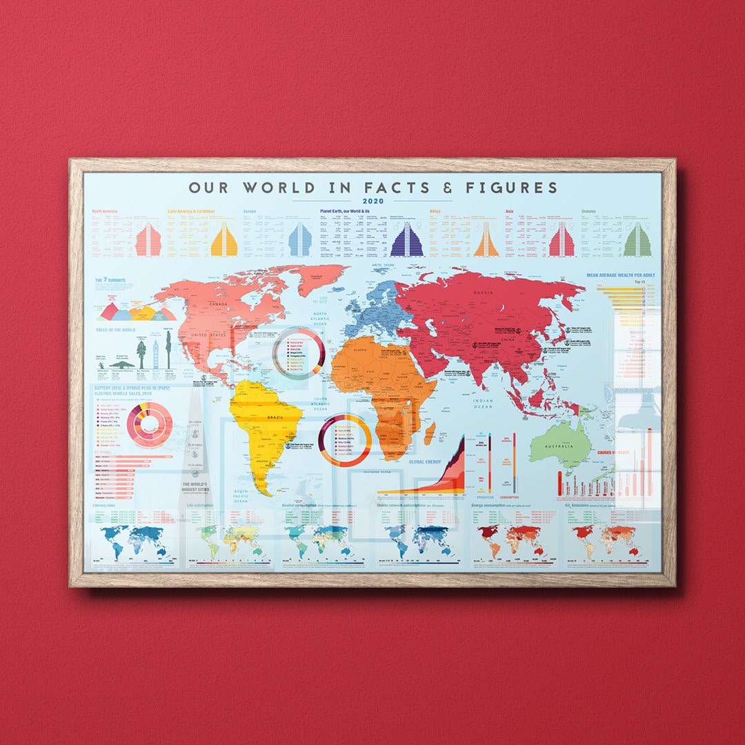 Large Oak Wood Framed Map of the World With Beautiful Data Infographic ...