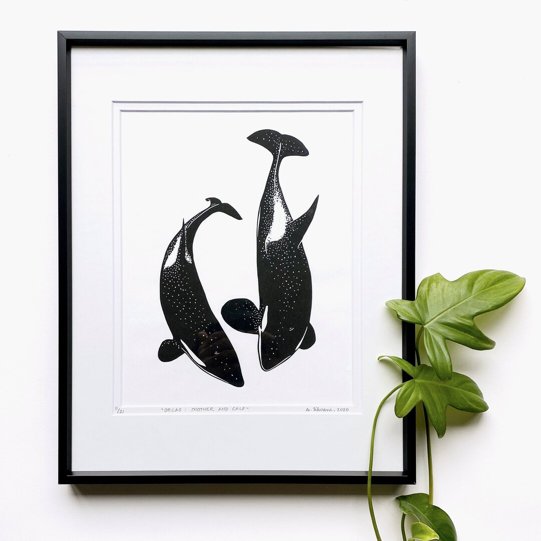 Orcas Linocut, Orca Art, Original Linocut Print, Marine Life Art ...