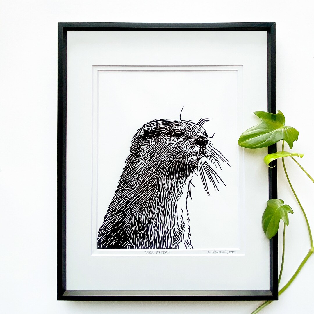 Sea Otter Linocut, Seaotter Hand Printed, Original Linocut Print ...