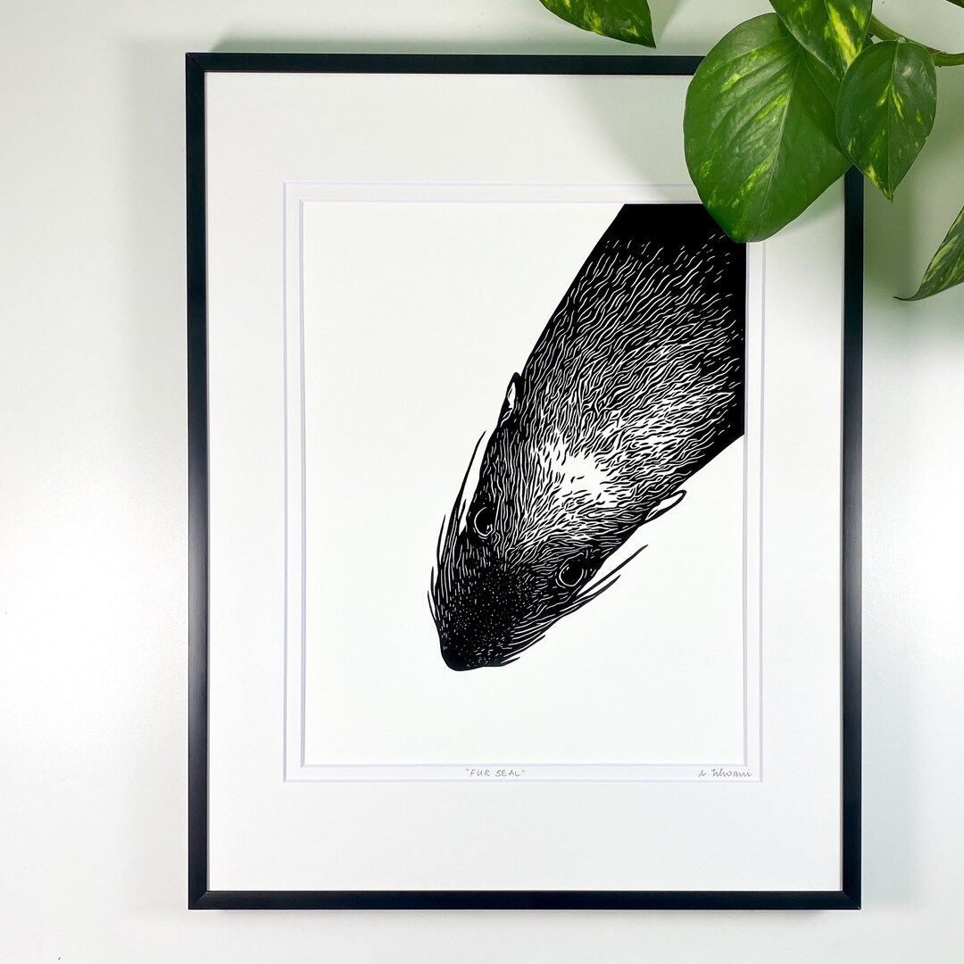 Seal Linocut, Fur Seal Hand Printed, Original Linocut Print, Marine ...
