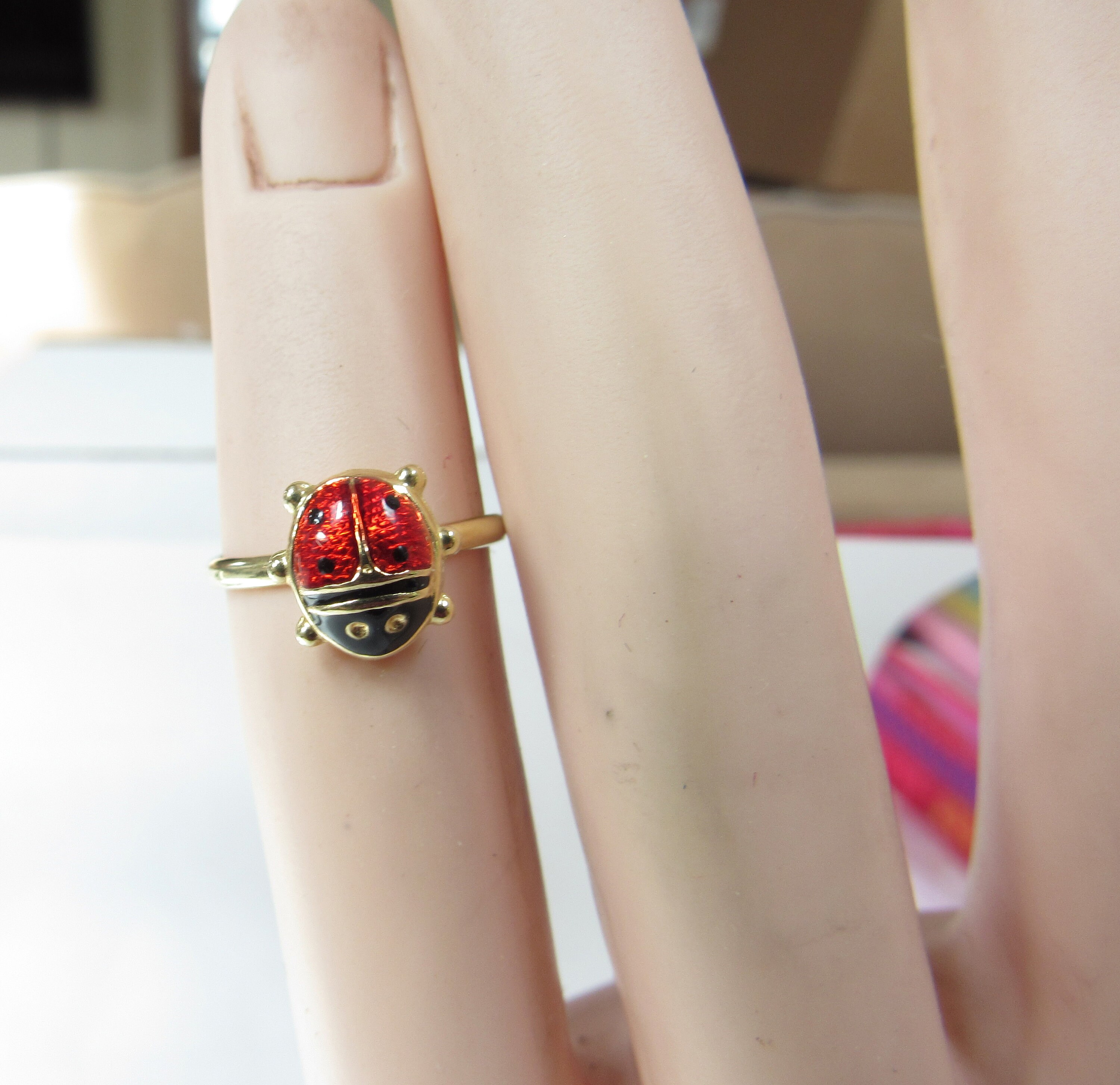 14K Enameled LADYBUG Solid Yellow Gold MIDI RING Size 3 | Etsy