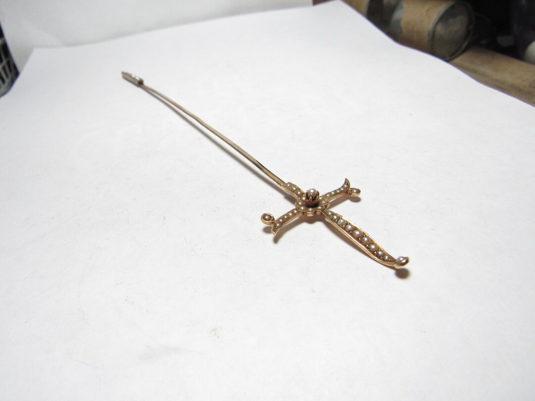 Victorian 10k Solid GOLD Jabot / Hat Pin/ Brooch Large Sword With Seed ...