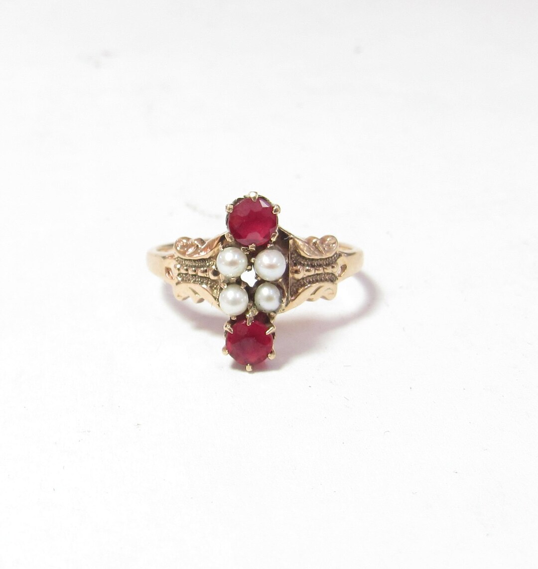 Victorian 10k Solid GOLD Ring With Red Ruby Doublets and Natural Pearls ...