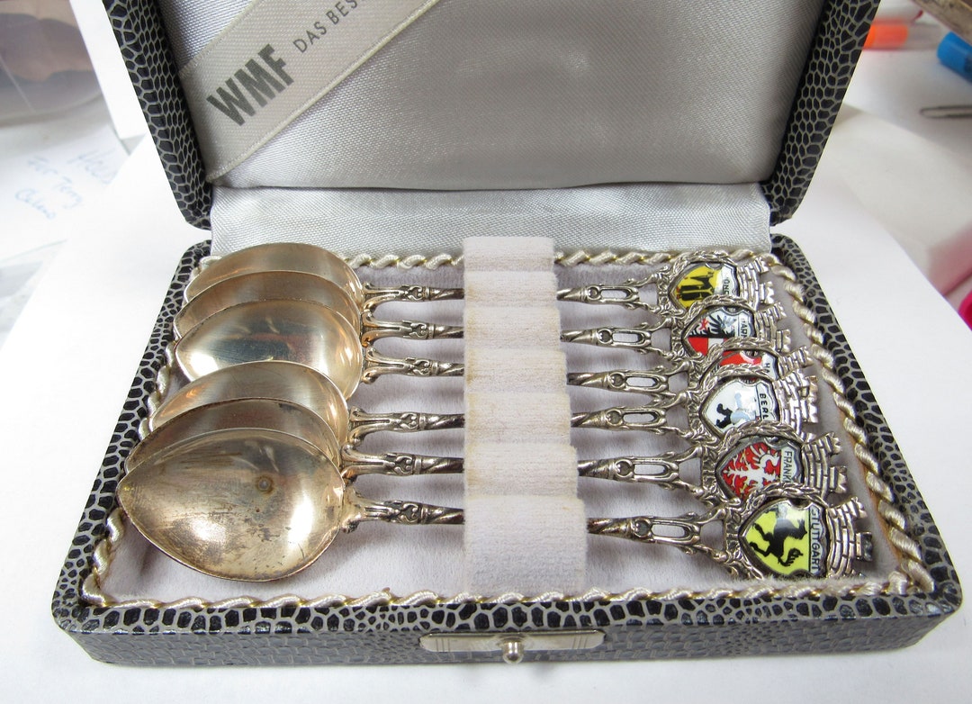 Six Piece Enameled German Spoon Set With Box .800 SILVER WMF Das ...