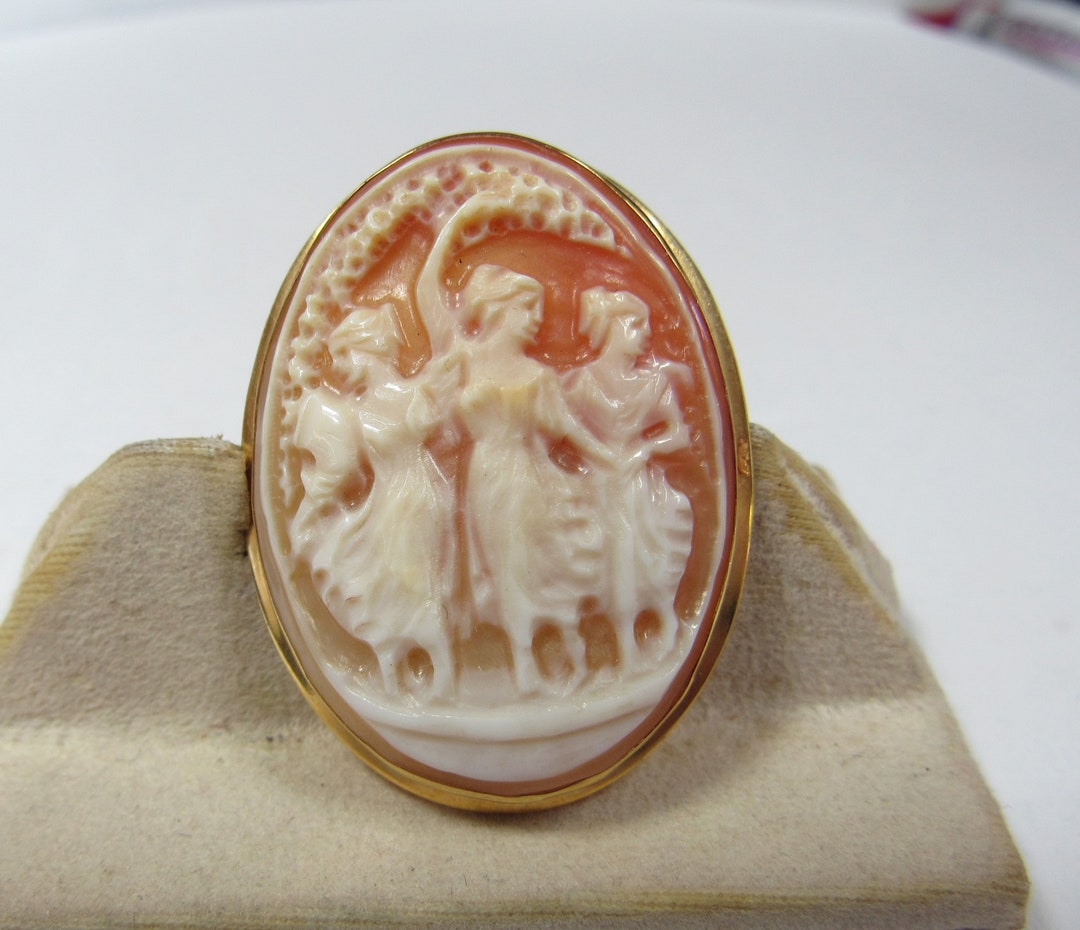 Vintage Three Grace One Piece Shell Cameo With Solid 18k GOLD Frame Pin ...