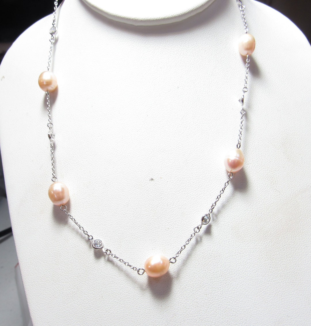 Sterling SILVER 17" Necklace With Egg Shape Fresh Water Pearls and Czs ...