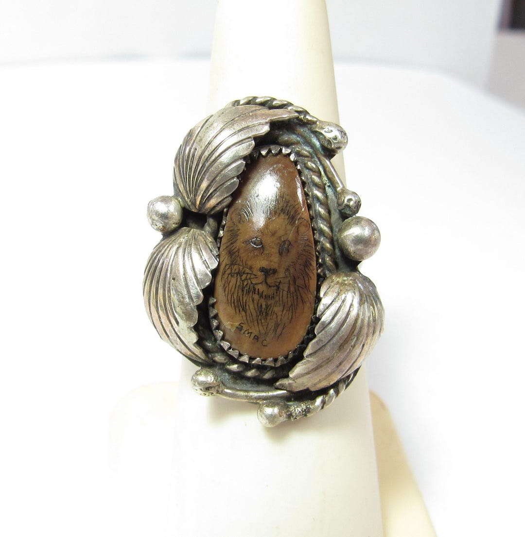 Sterling SILVER Native American Ring With Scrimshaw Lion by SMAC and ...