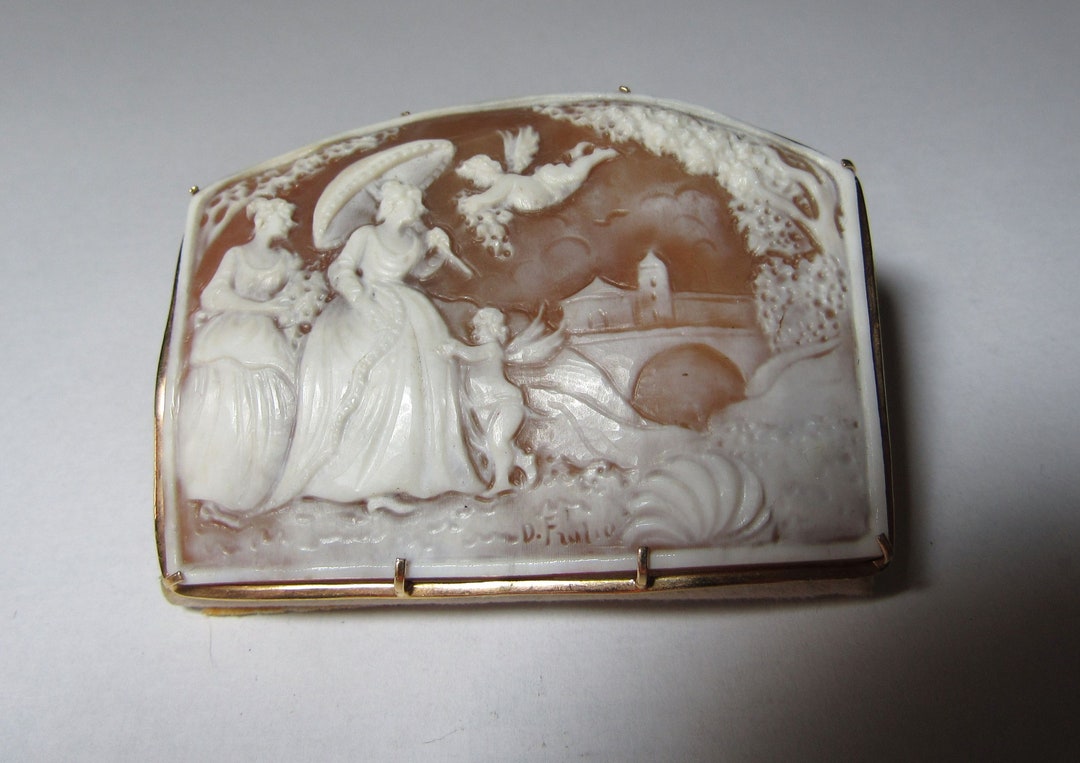 Beautiful Vintage Hand Carved Figural Shell Cameo With Solid 14k GOLD ...