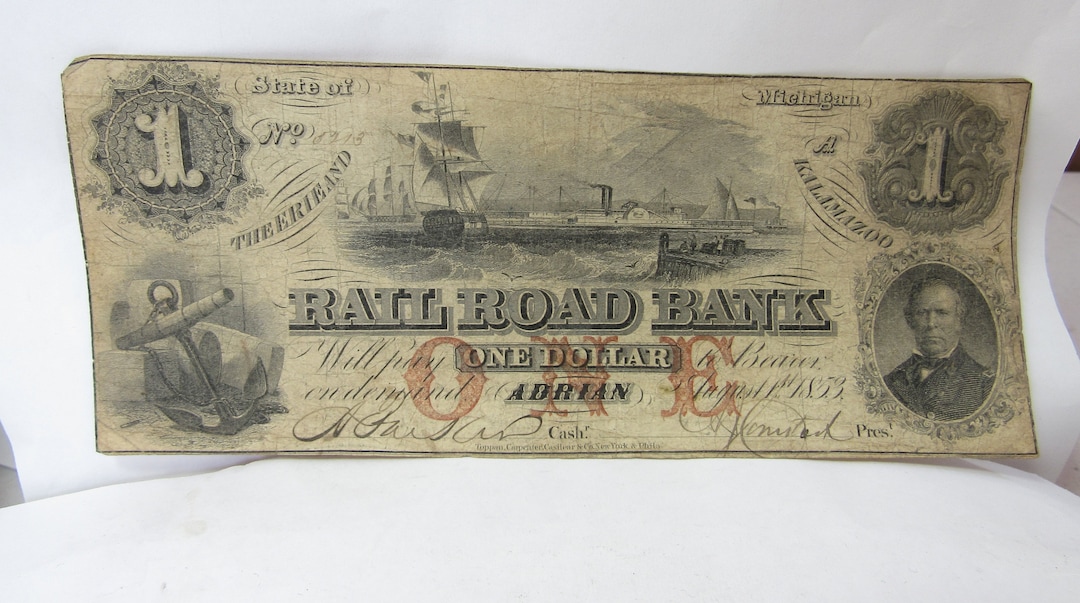 One Dollar Rail Road Bank Obsolete Note From Adrian Mi Dated 1853 - Etsy