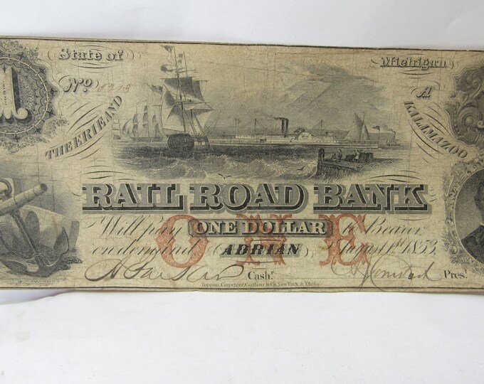 One Dollar Rail Road Bank Obsolete Note From Adrian Mi Dated 1853 - Etsy