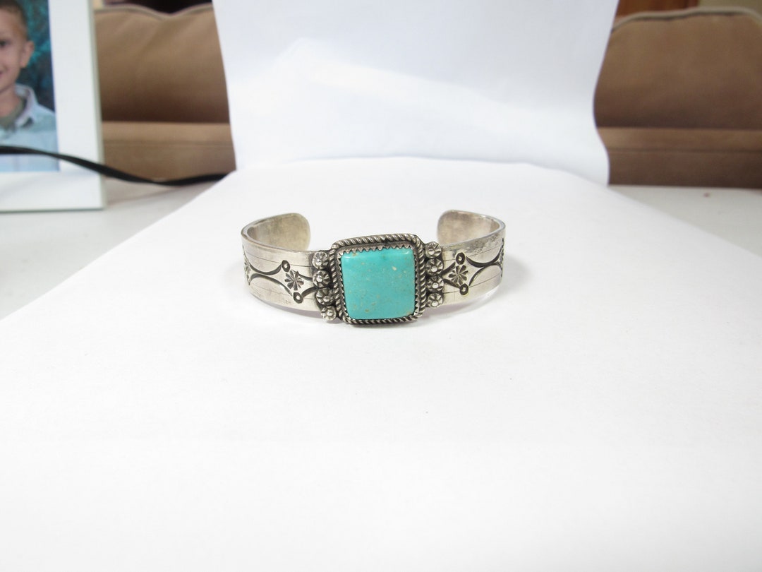 Native American Solid Sterling SILVER Blue Turquoise Cuff Bracelet by ...