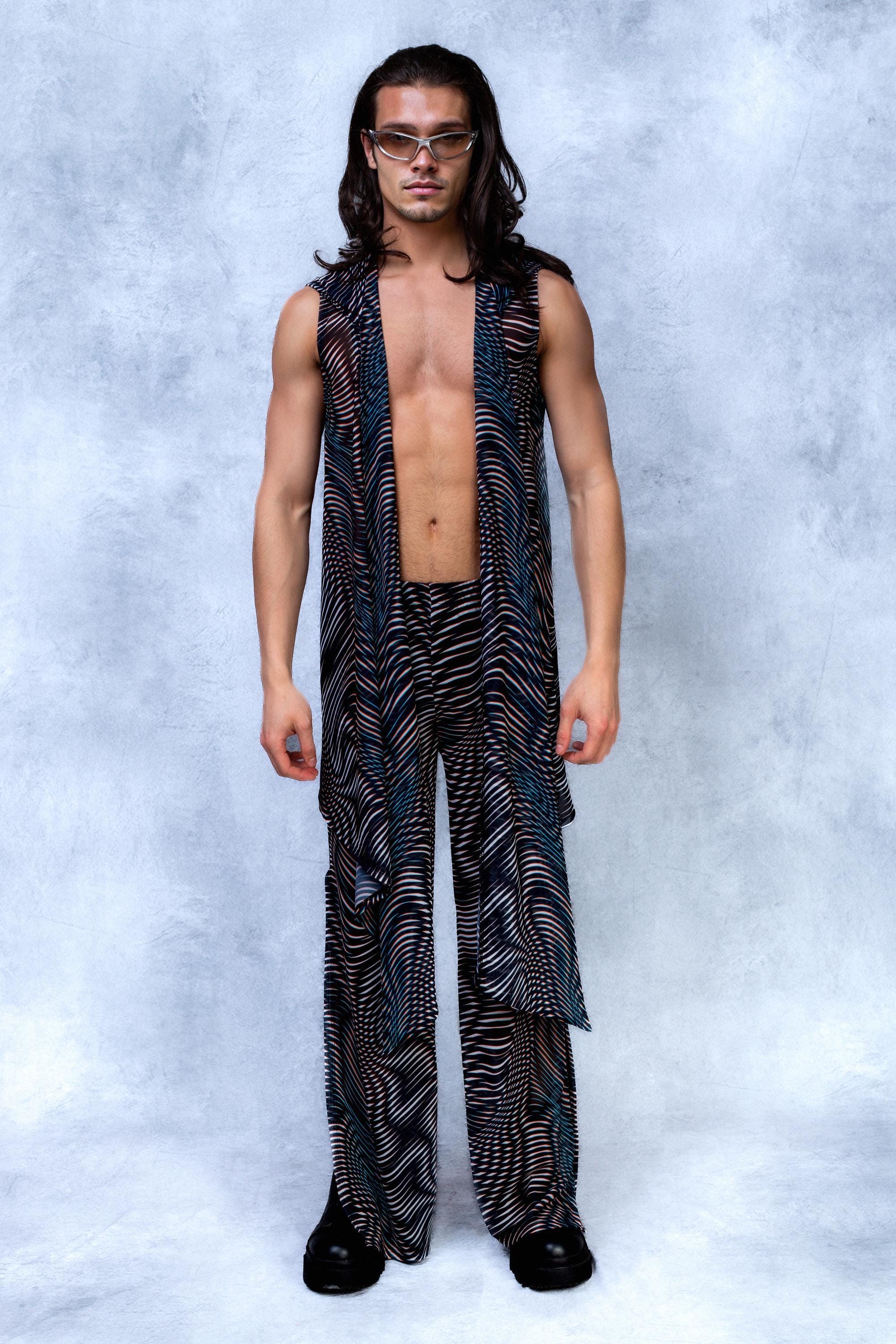 Male UV Psychedelic Set, Hooded Vest and Split Pants, Men Trippy Rave ...
