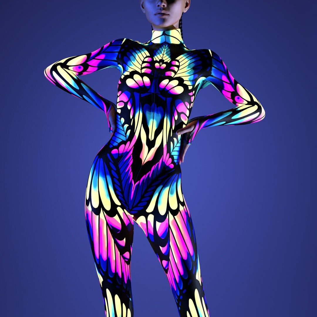 Neon Costume, UV Light Set Costume, Rave Bodysuit Woman, Performance ...