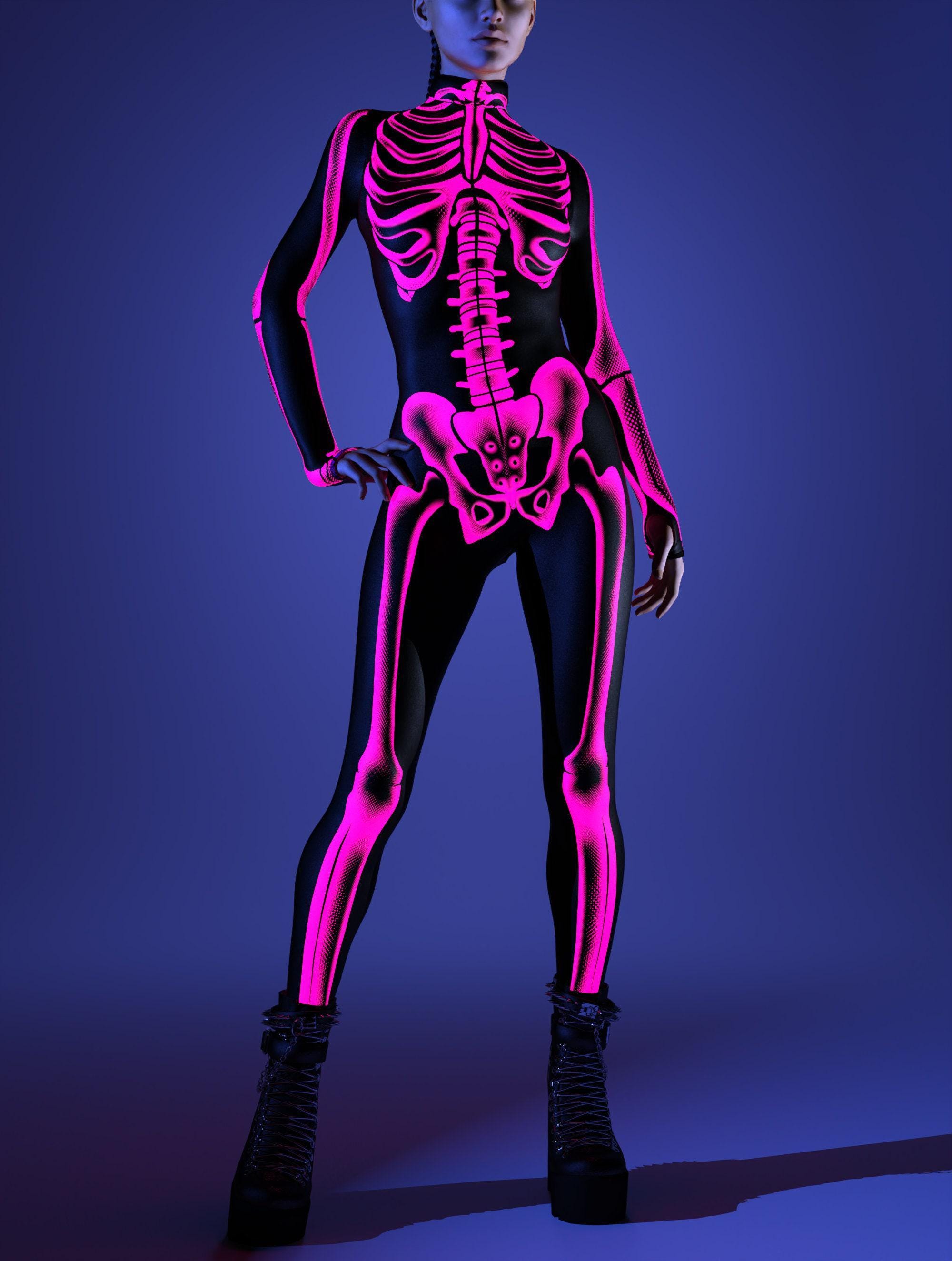 Halftone Skeleton Costume: UV Neon Pink Party Full Bodysuit - Etsy