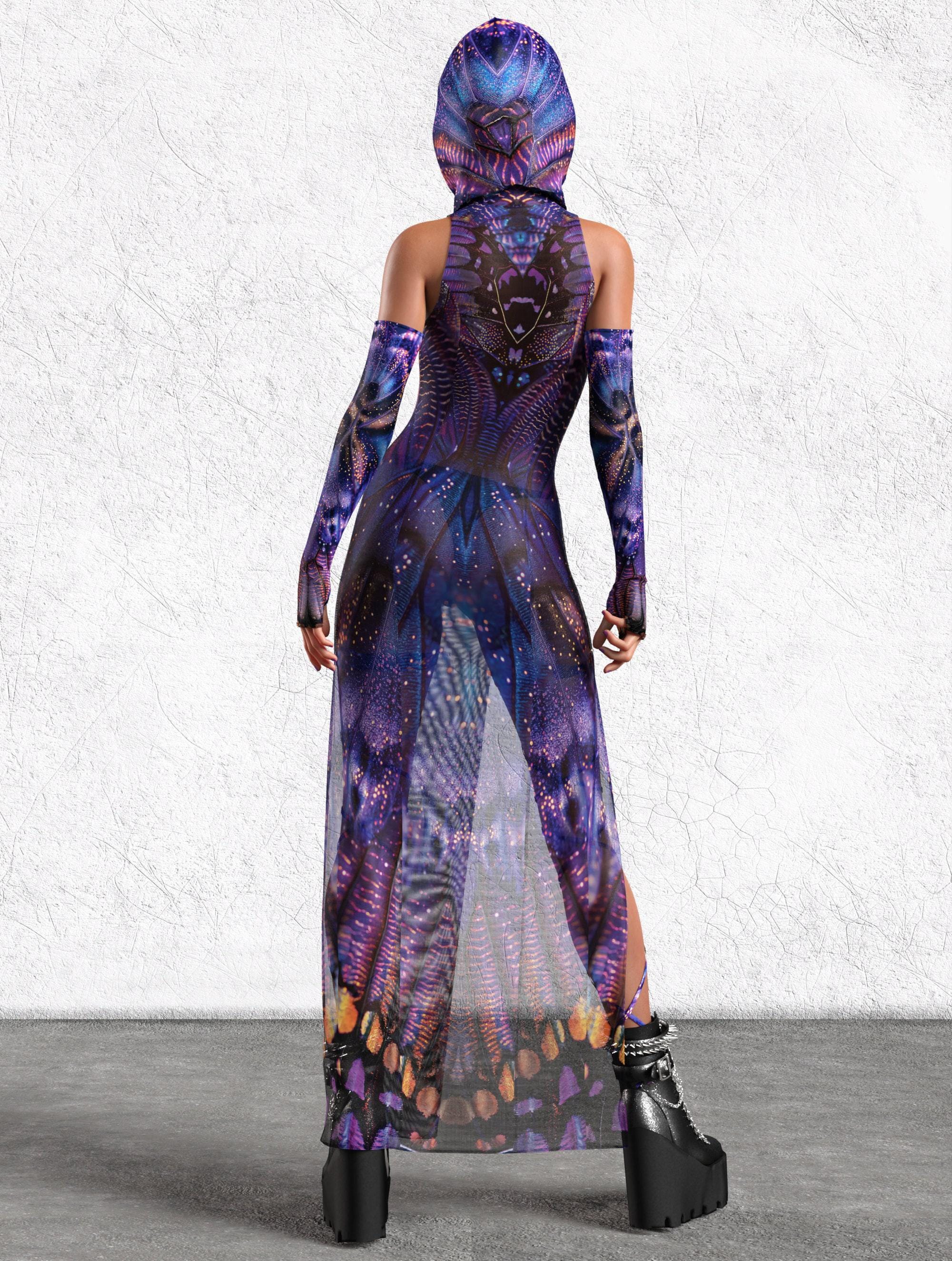 Festival Long Dress, Rave Hooded Dress, Disco Rave Long Dress For, Mesh ...