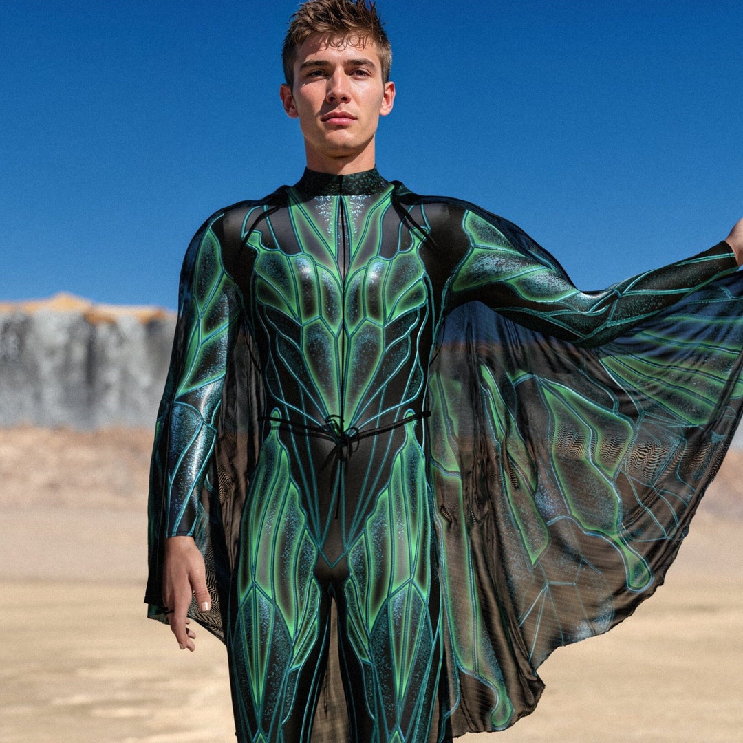 Festival Outfit Man, Rave Bodysuit Set Men, Green Wings Set for Men ...