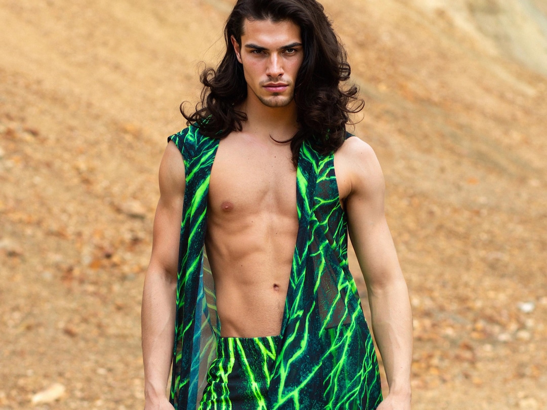 UV Mesh Festival Set for Men, Psychedelic Green Hooded Vest, Rave ...