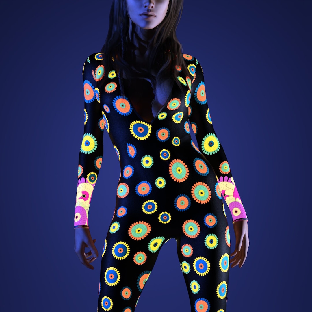 UV Light Hippie Costume, Neon Hippie Low Cut Costume, Cutout Boho ...