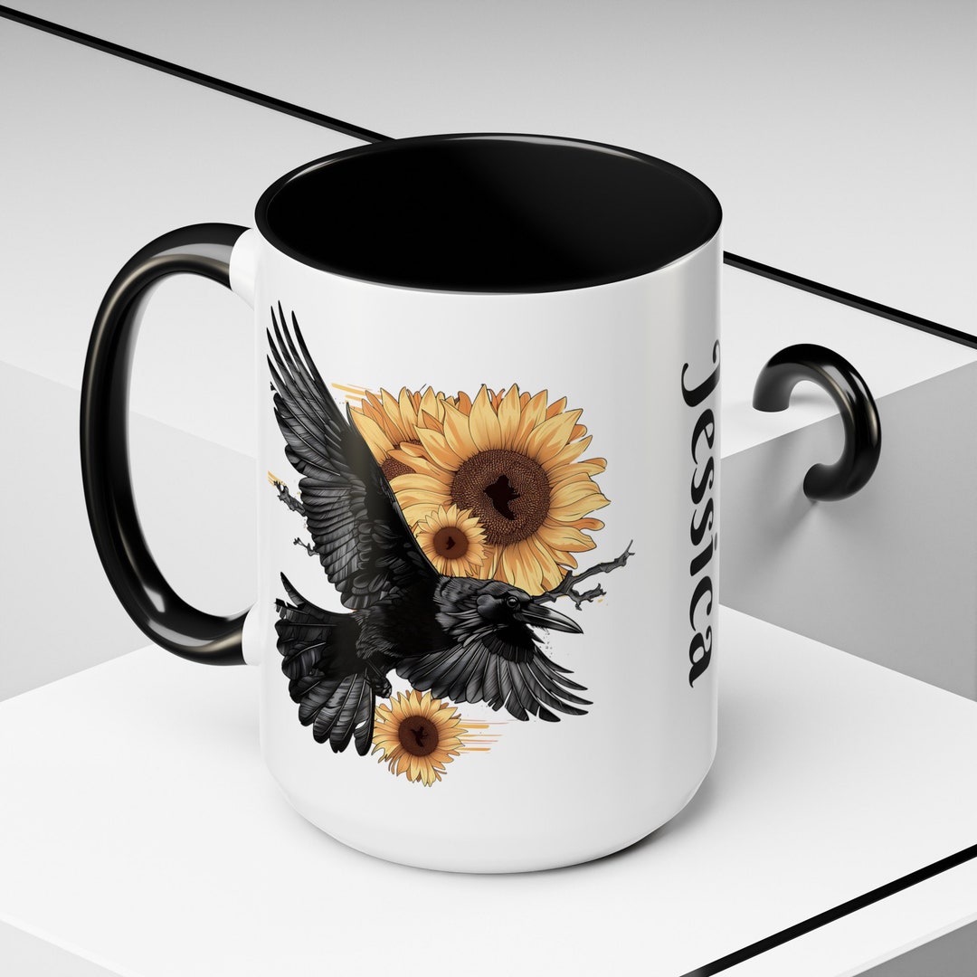 Sunflower Raven Coffee Mug, Whimsigoth Raven Cup, Boho Crow Coffee Cup ...