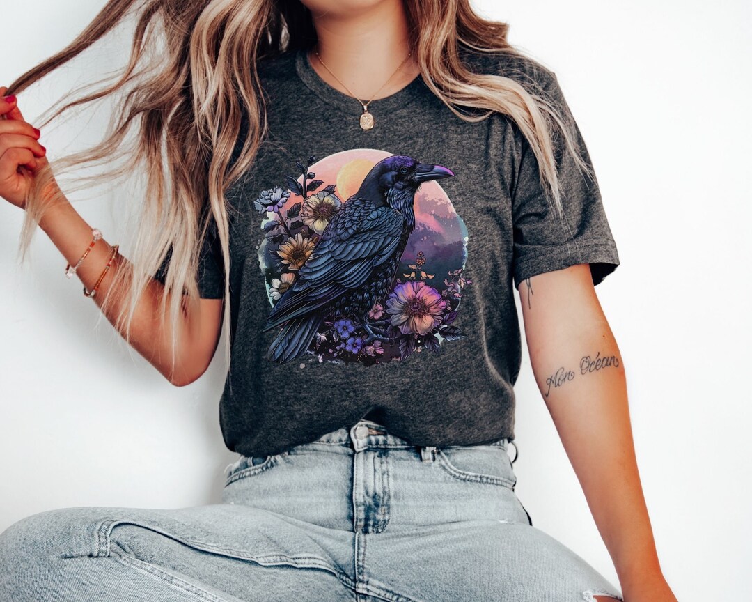 Crow Raven Tshirt Floral Raven Shirt Boho Crow Shirt Crow Tshirt Green ...