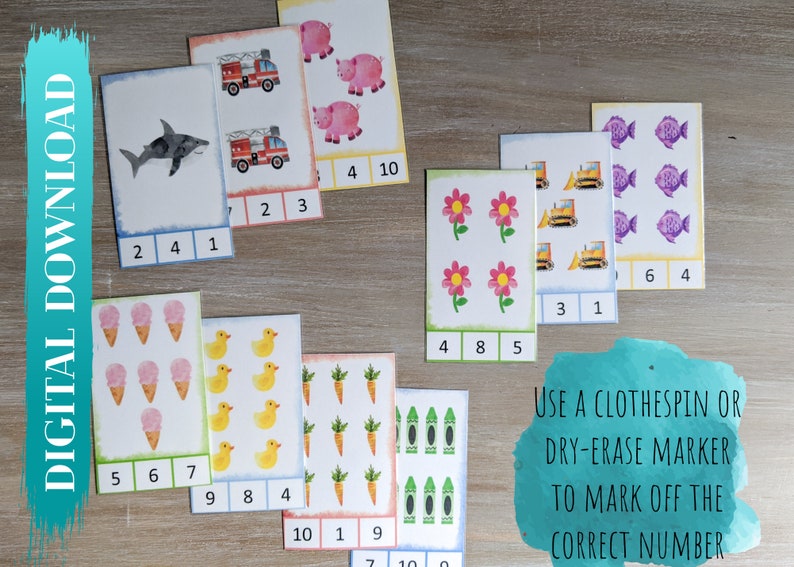 Count and Clip Cards Digital Download, Clip Cards Printable, Numbers 1 ...