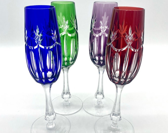 AJKA Color Cut Crystal Champagne Flutes Rene Pattern Color Cut to Clear ...