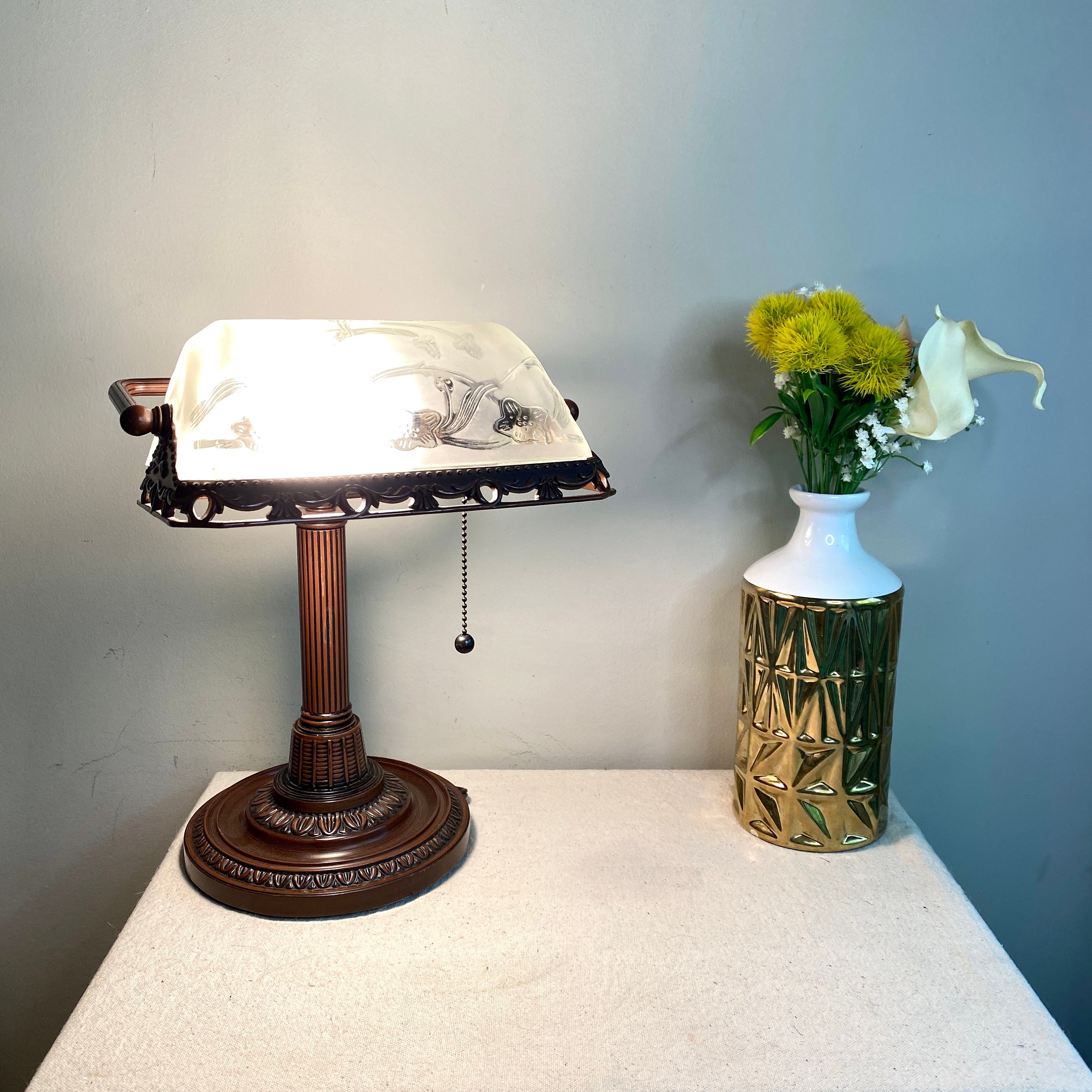 Bronze Floral Glass Shade Bankers Lamp | Vintage Desk Lamp With Floral ...
