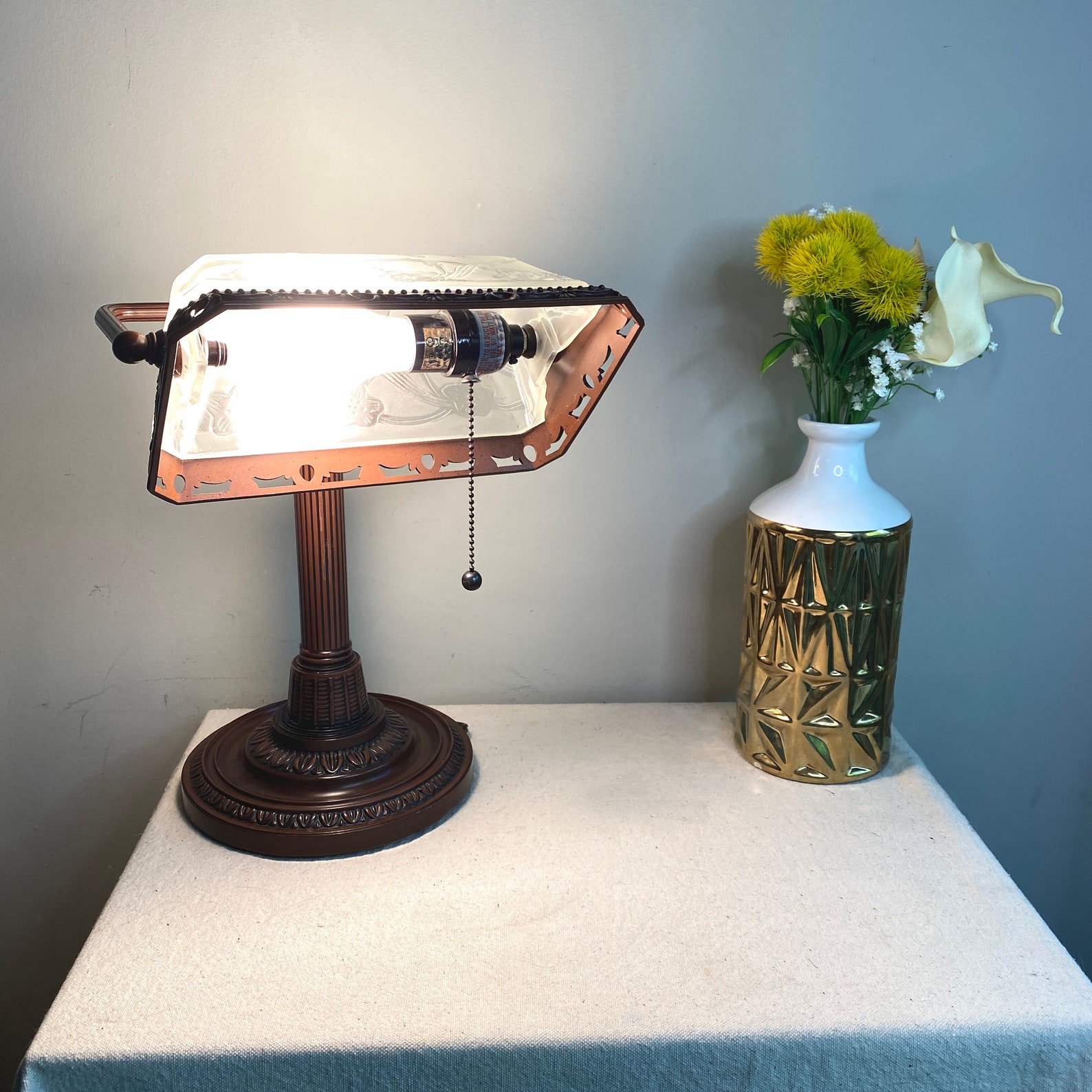 Bronze Floral Glass Shade Bankers Lamp | Vintage Desk Lamp With Floral ...