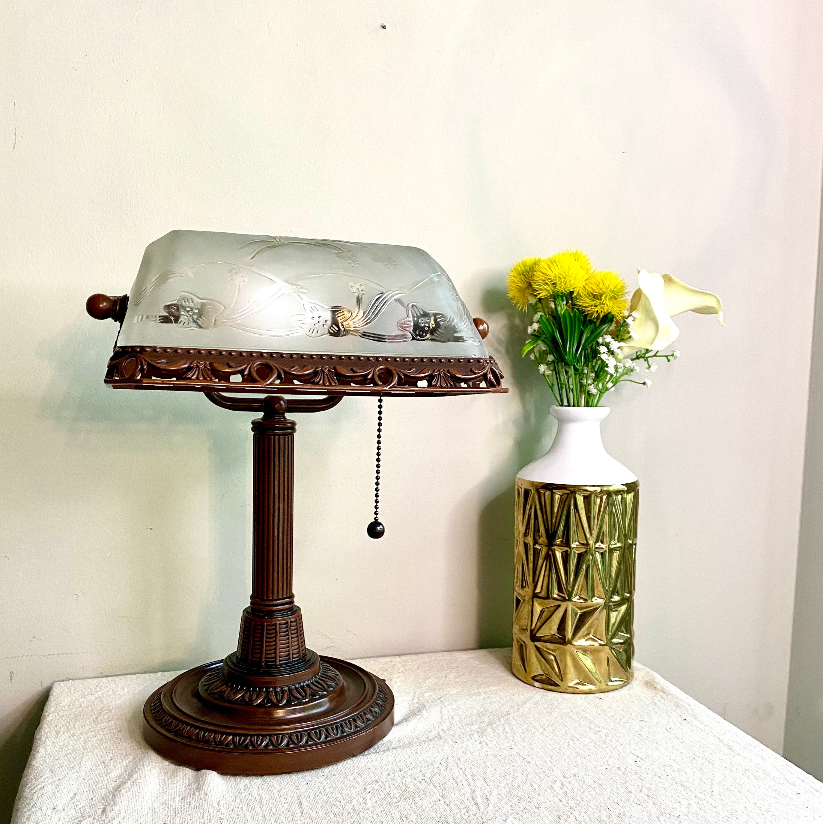 Bronze Floral Glass Shade Bankers Lamp | Vintage Desk Lamp With Floral ...