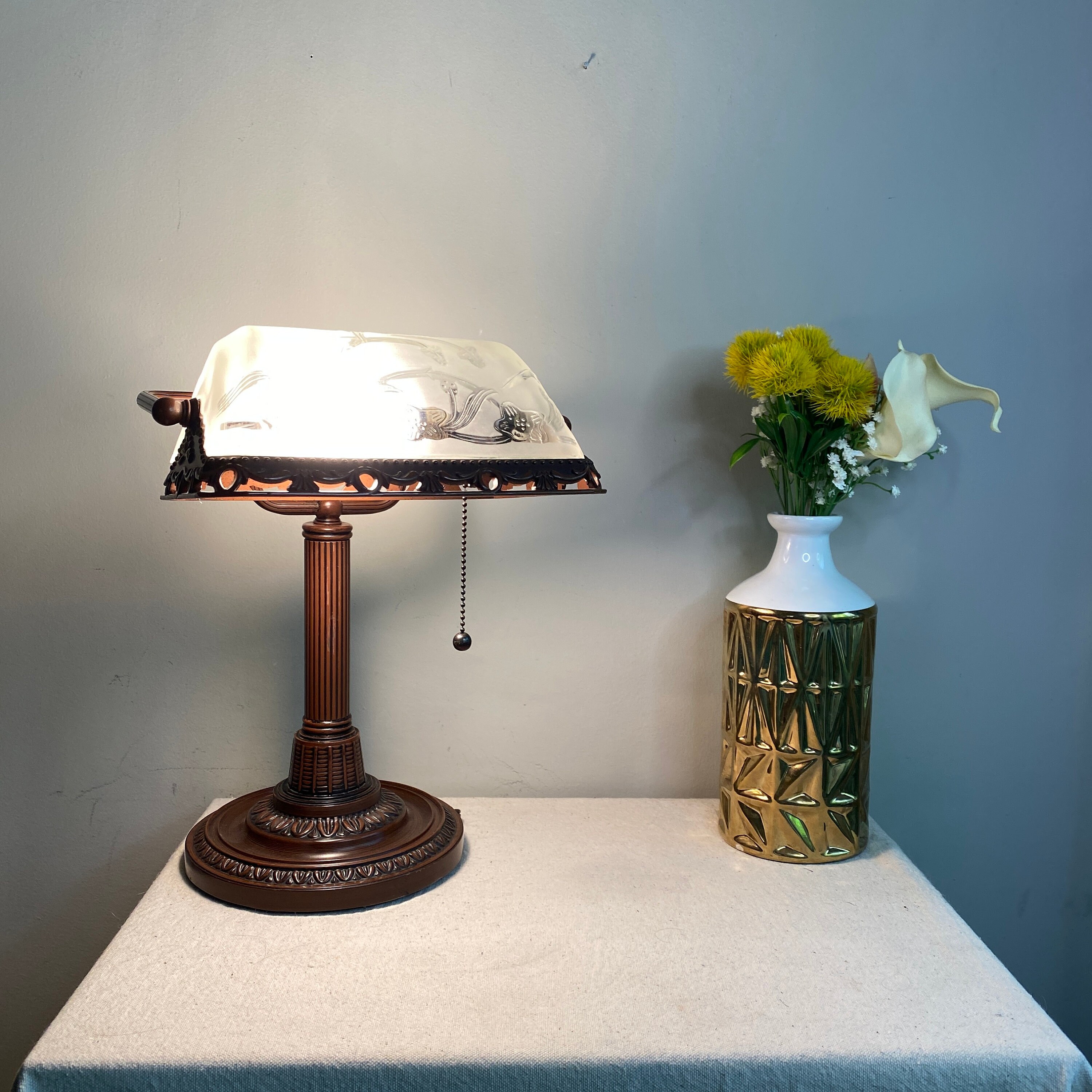 Bronze Floral Glass Shade Bankers Lamp | Vintage Desk Lamp With Floral ...
