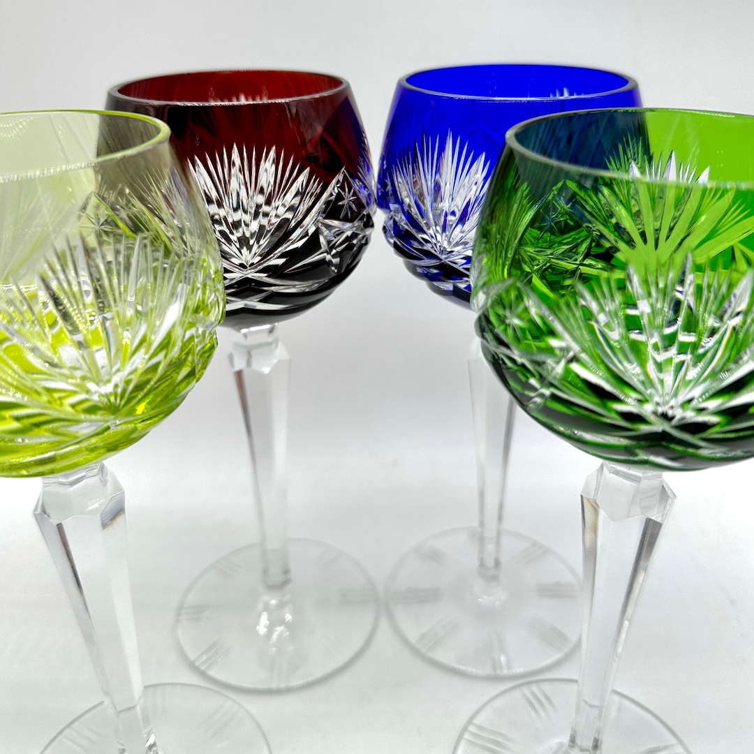 Bohemian Czech Cut Color to Clear Crystal Wine Glass Set 4 Vintage ...