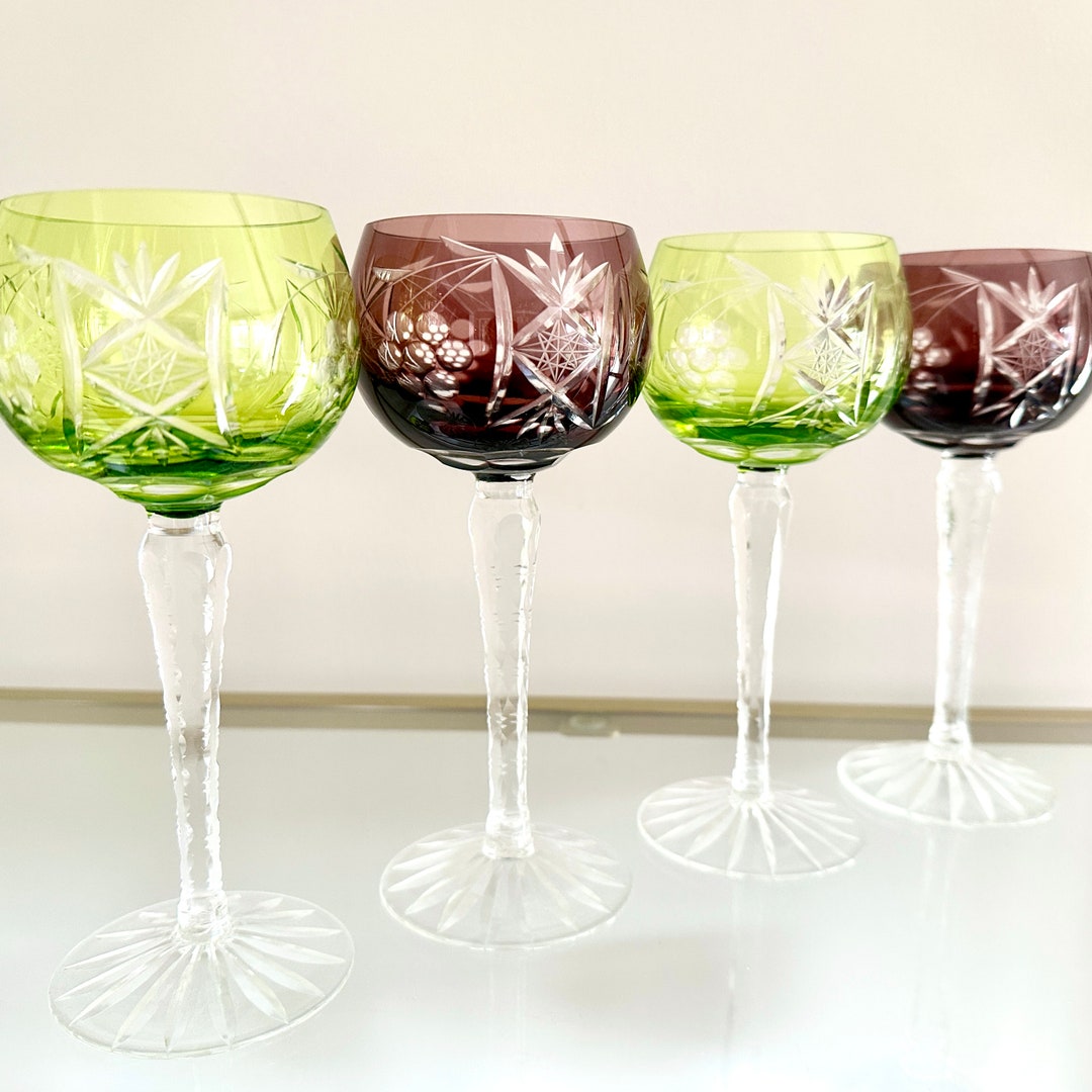 Set of 2 or 4 Bohemian Crystal Wine Hocks | Vintage Color Cut to Clear ...