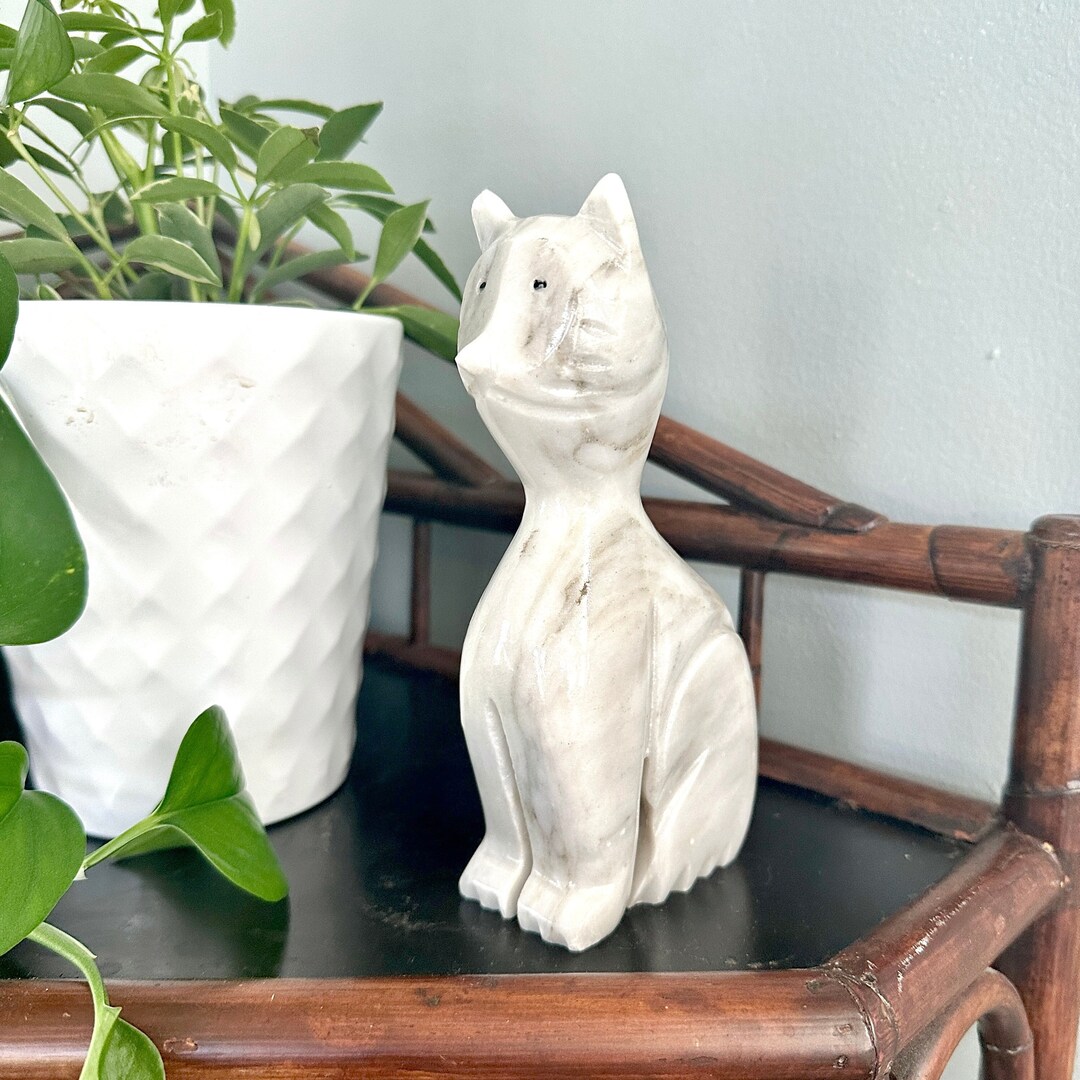 Carved Marble Stone Cat Statue | 6.5" Stone Cat Figurine | Gray and ...