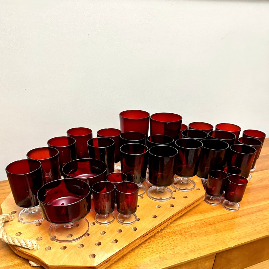 1970s Luminarc Cavalier Ruby Red Glass Sets | Arcoroc Footed Stemware Various Sizes | MCM ...