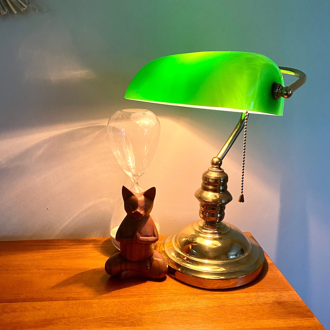1960s Gooseneck Green Glass Bankers Lamp | Mid Century Curved Brass ...