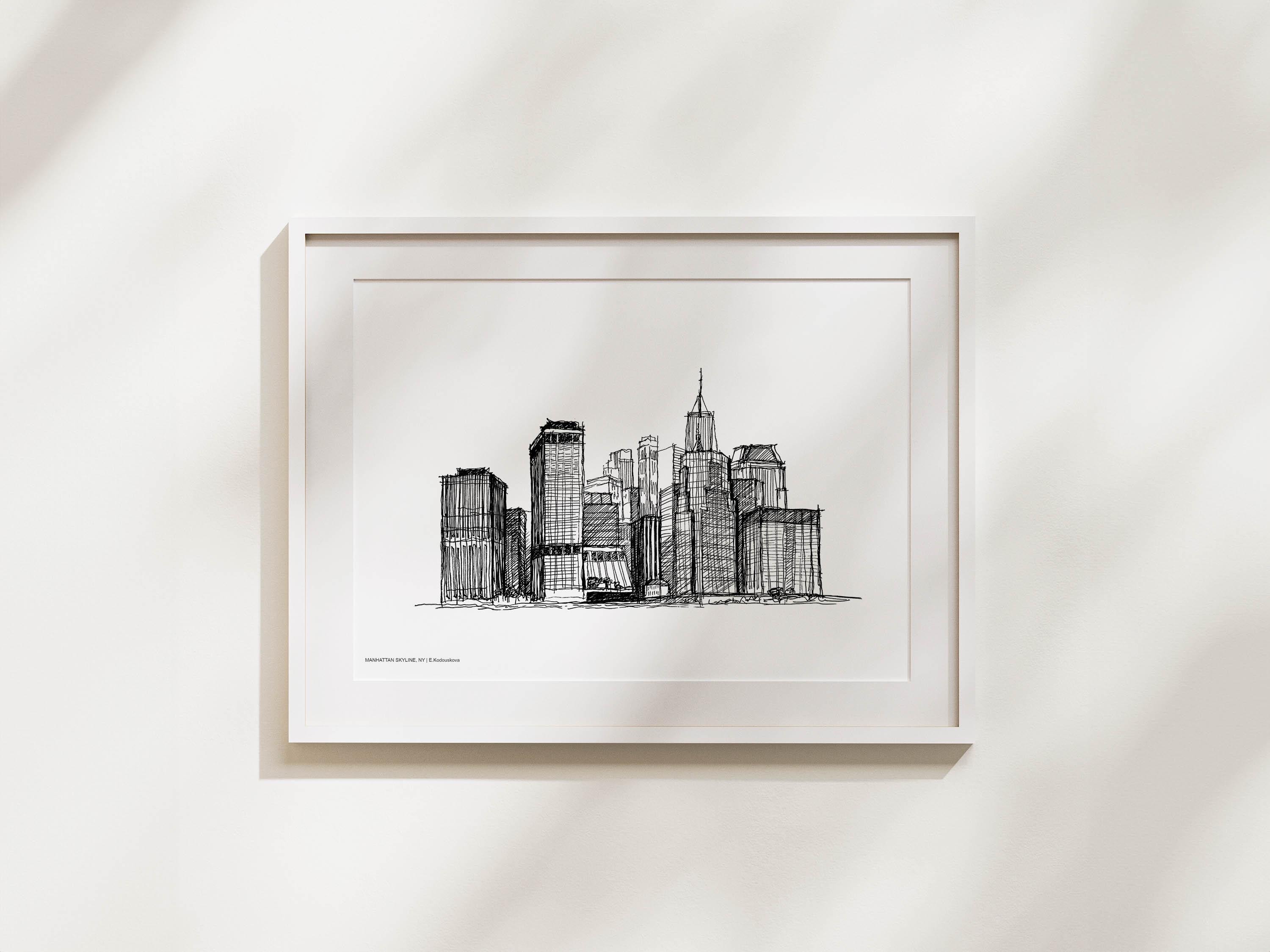 Manhattan Skyline, New York City Sketch, Reproduction of Hand-drawn Art ...