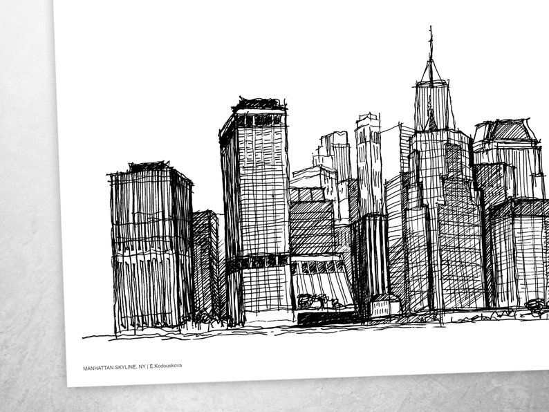 Manhattan Skyline, New York City Sketch, Reproduction of Hand-drawn Art ...