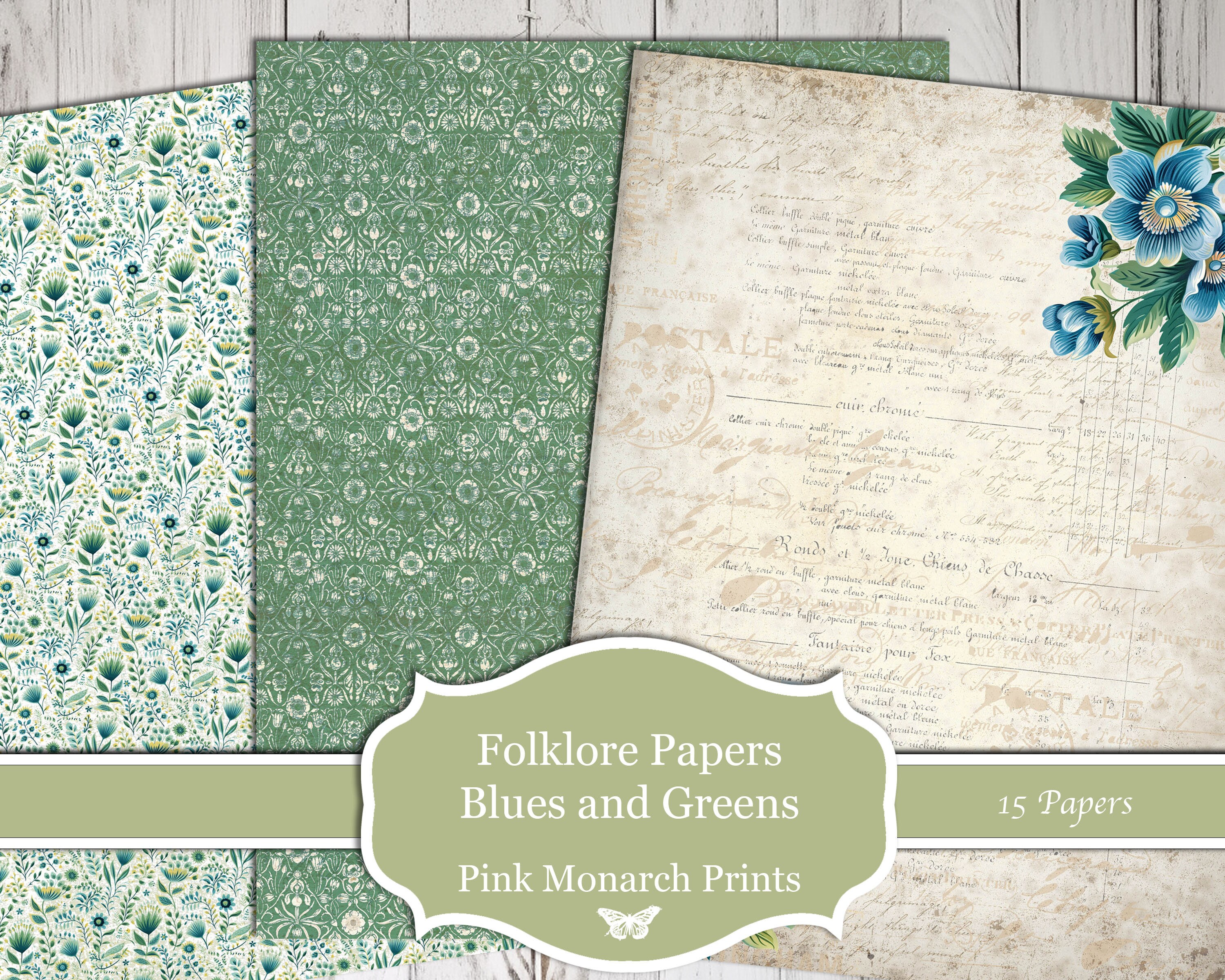 Folklore Papers, Blues and Greens, Printable Papers, Digital Junk ...