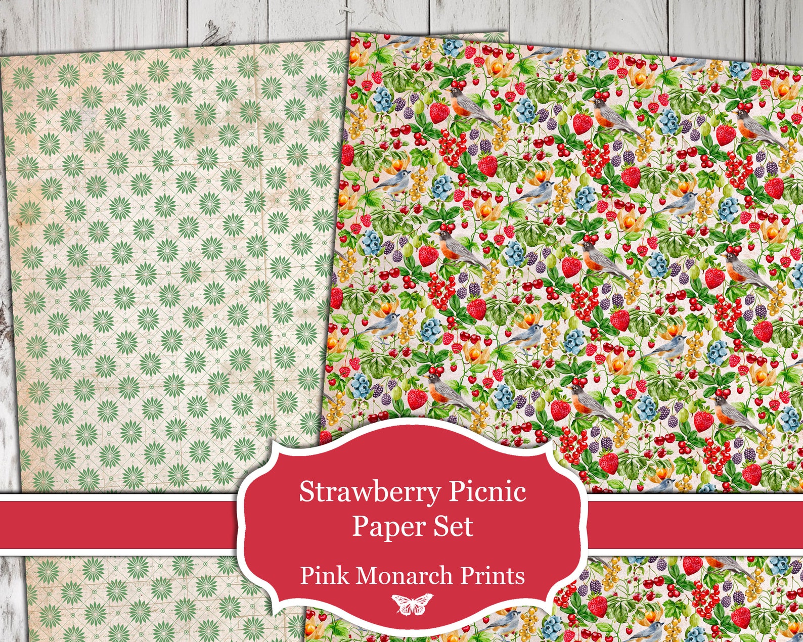 Strawberry Picnic Paper Set, Digital, Printable, Junk Journal Papers ...
