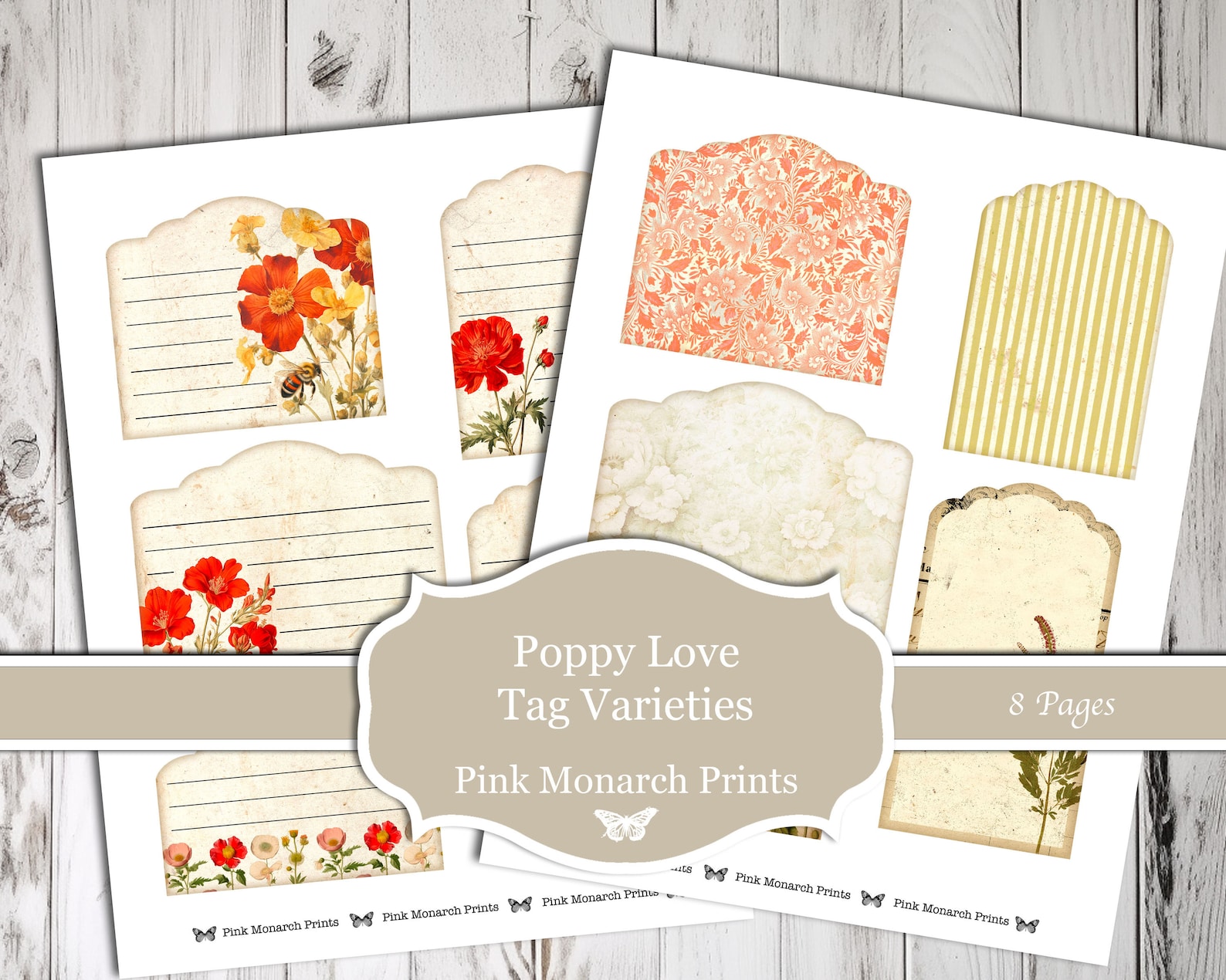Poppy Tag Varieties, Printable, Digital, Junk Journal Tags, Flowers ...