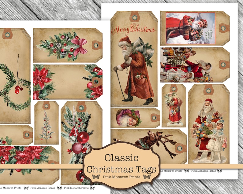 Classic Christmas Tags, Santa Tags, Junk Journal Tags, Junk Journaling ...