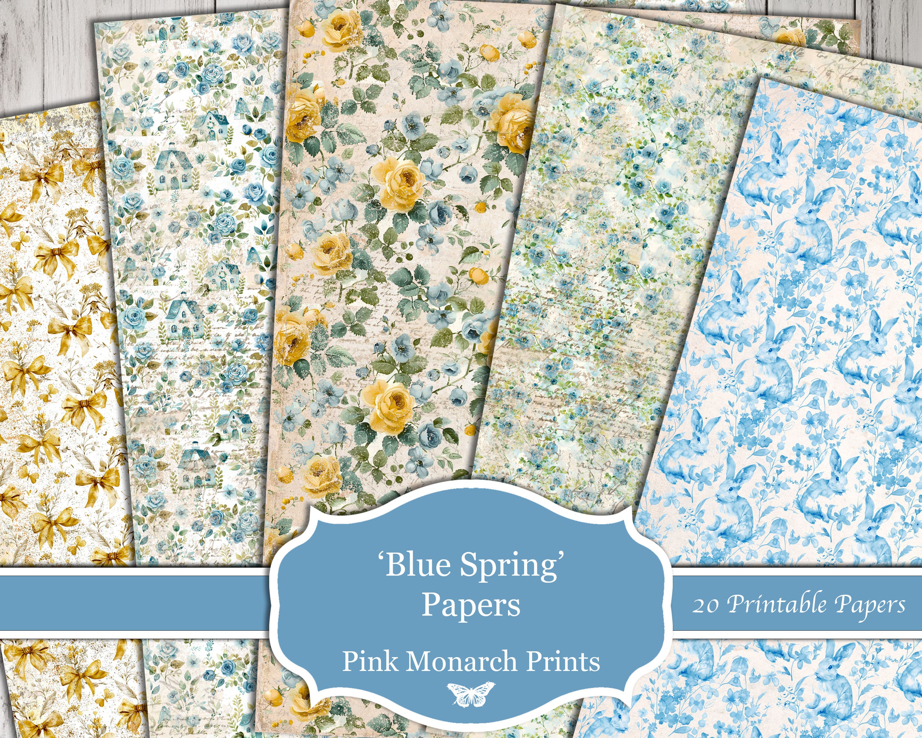 Blue Spring Papers, Printable Papers, Digital Junk Journal, Spring Junk ...