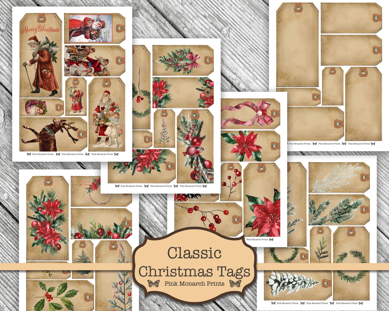 Classic Christmas Tags, Santa Tags, Junk Journal Tags, Junk Journaling ...