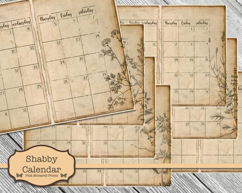 Shabby Calendar Junk Journal Calendar Digital Planner Junk | Etsy
